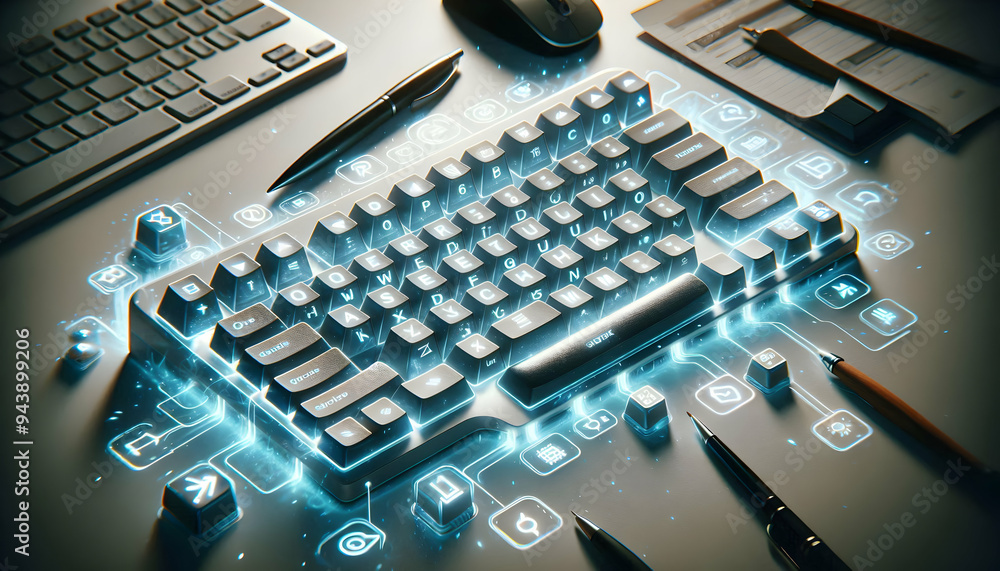 Keyboard with holographic shortcuts floating above keys concept as A ...