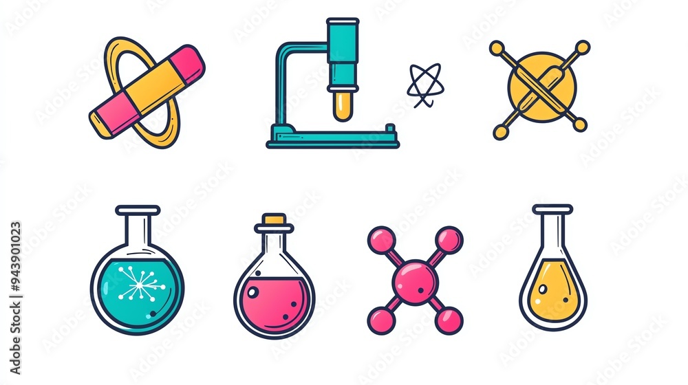 Colorful illustrations of laboratory equipment and scientific symbols ...