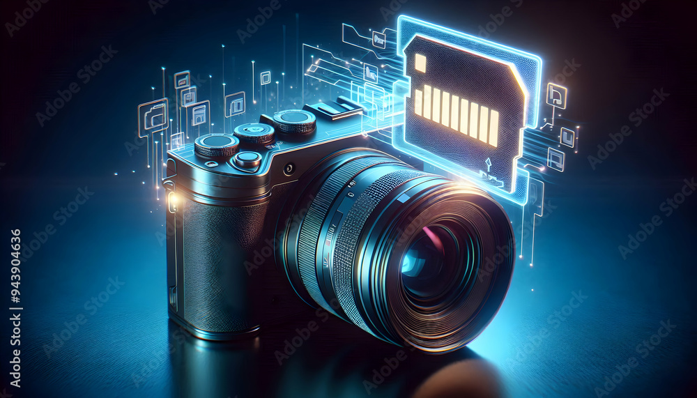 Digital camera with a holographic memory card icon floating concept as ...