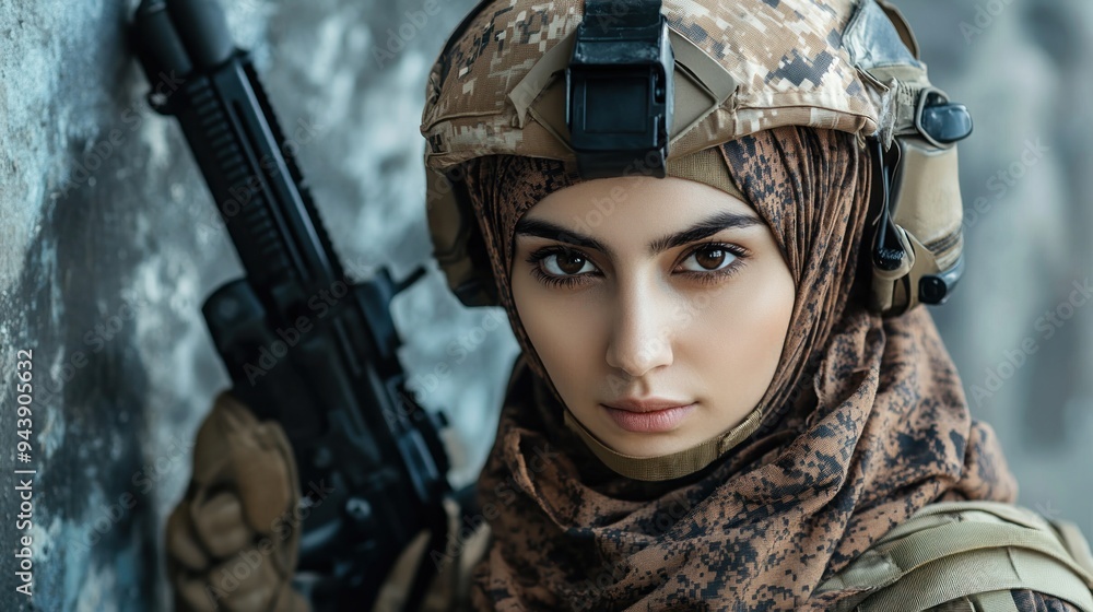 Muslim female special forces soldier in full costume background ...