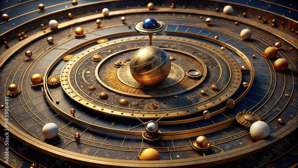 Celestial Orrery Diagram: Ornate, circular diagram of an orrery with ...