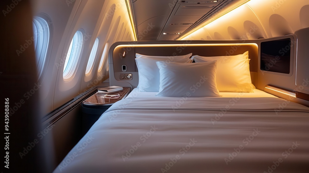 Airplane first-class suite featuring a lie-flat bed, luxury amenities ...