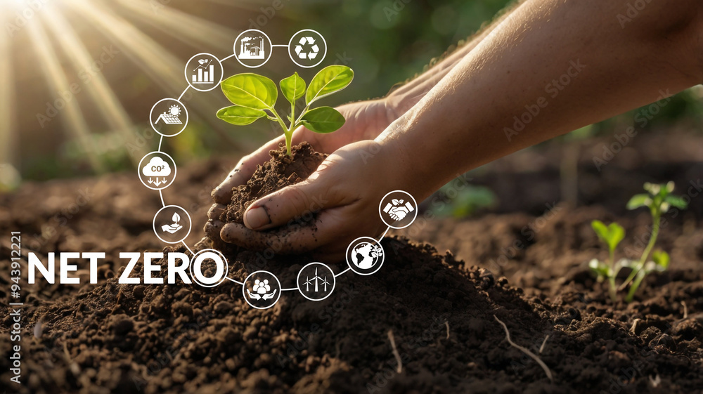 Hand of human holding green young plant with net zero icon. Net zero ...