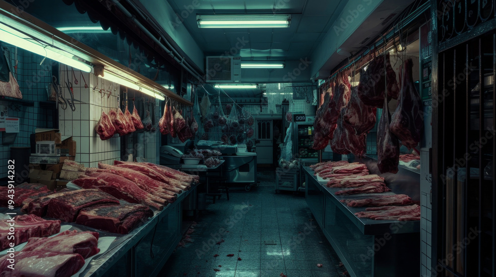 Sideview of a stylish butcher shop and its fridge counter with meat ...