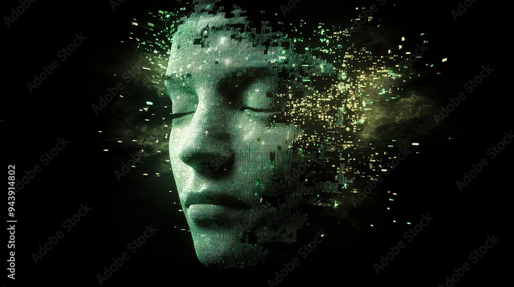 Abstract representation of a human face made from digital particles dissolving in a dark ...