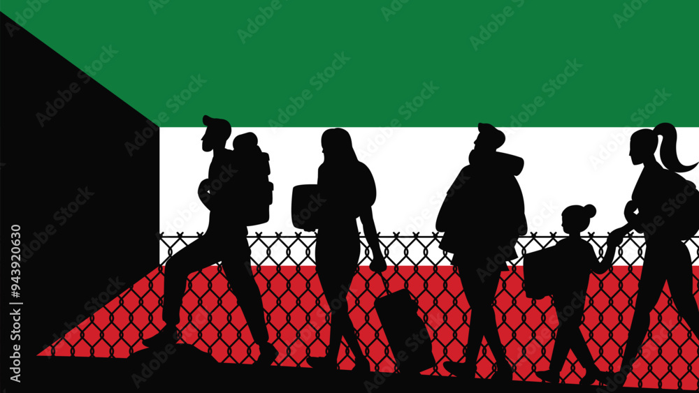 Immigration and refugees front of Kuwait flag, immigrant and refugee ...