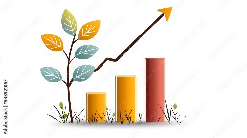 Plant growing alongside bar chart with upward arrow, depicting growth ...