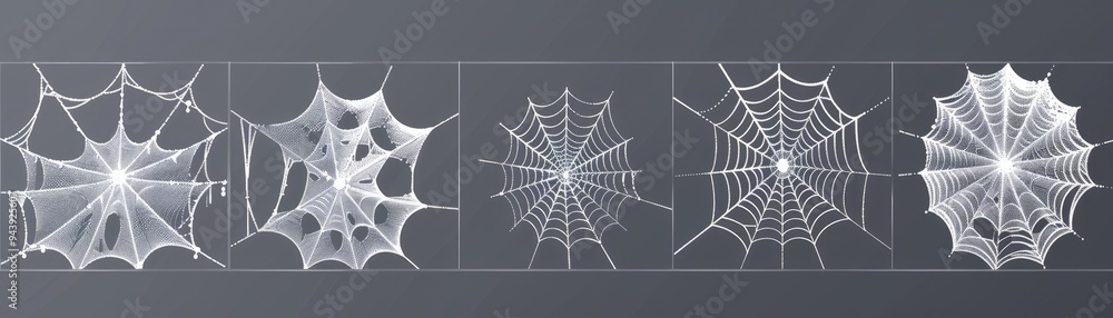 set of different white spider webs, on a transparent background, in ...
