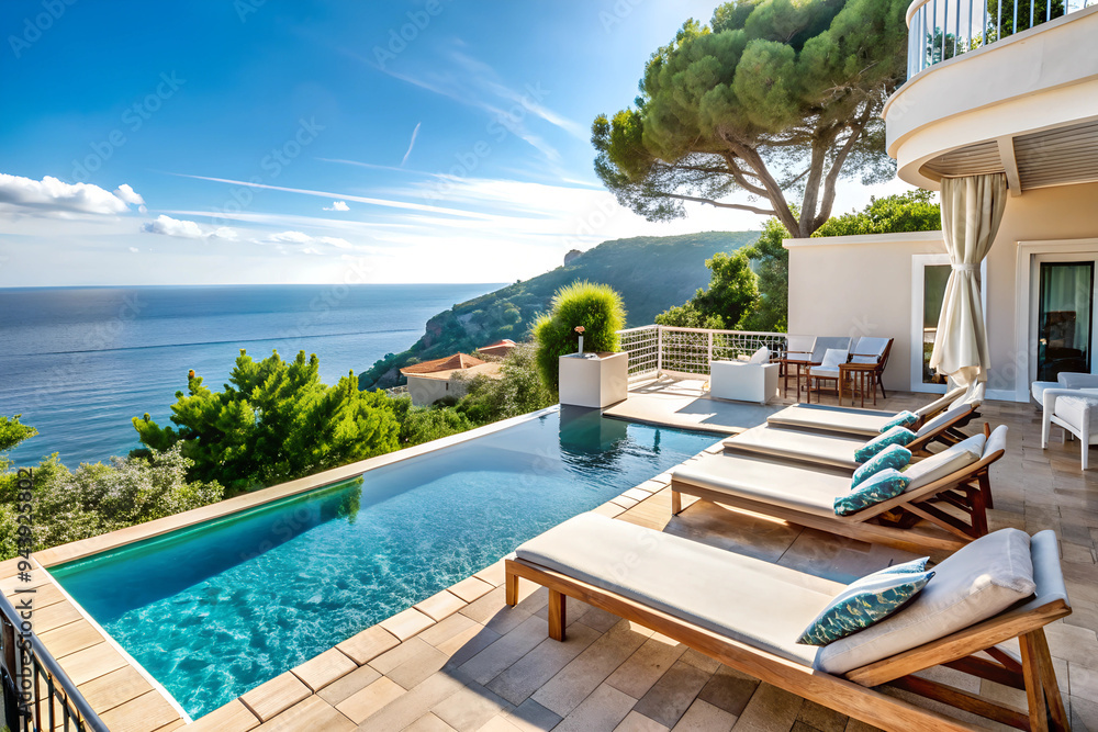 Terrace in villa with sunbeds and swimming pool with clear blue water ...