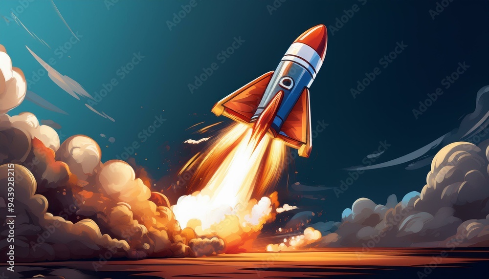 Cartoon missile rocket launch with fire and smoke trail Stock ...