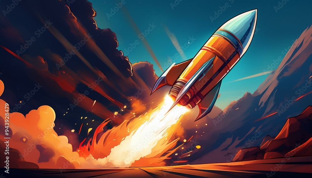 Cartoon missile rocket launch with fire and smoke trail Stock ...