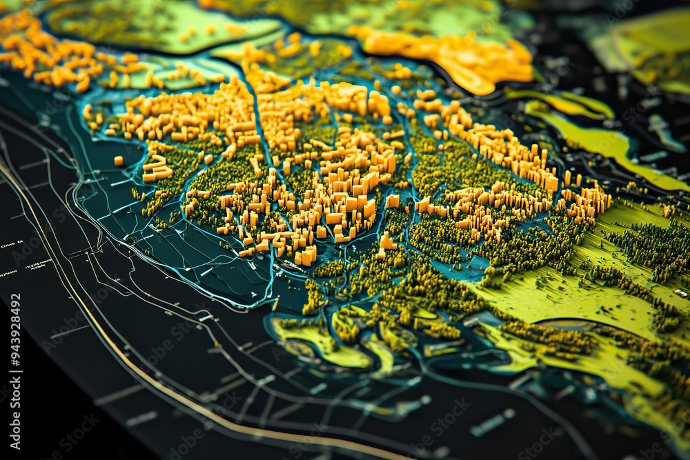 Technical aerial visual, 3D LiDAR GIS aerial map satellite scan model ...