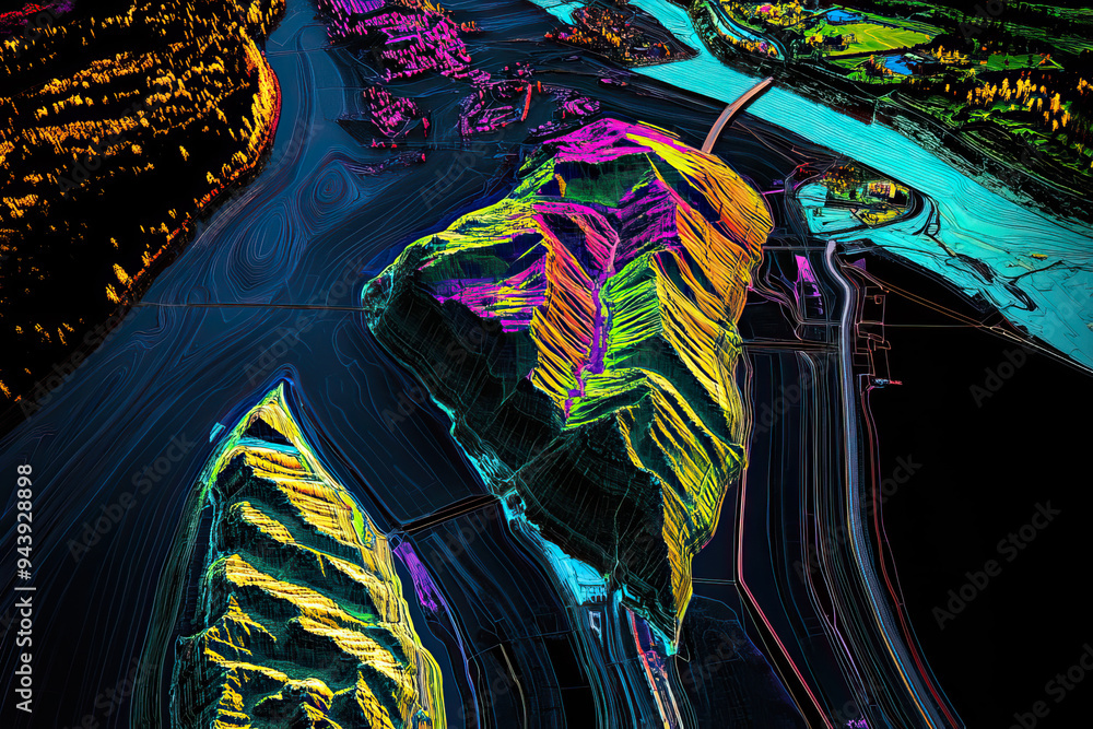 Technical aerial visual, 3D LiDAR GIS aerial map satellite scan model ...