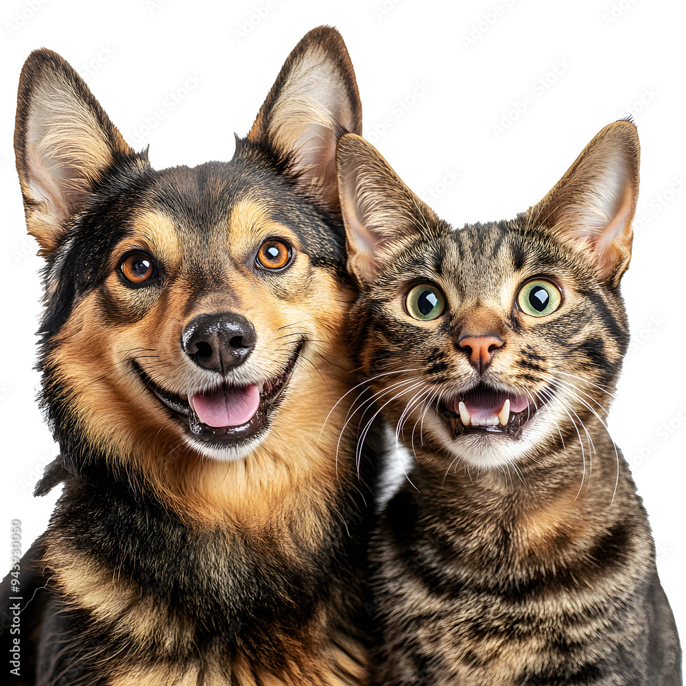 Portrait of Happy dog and cat that looking at the camera together ...