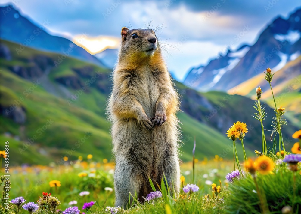 A large, fluffy rockchuck rodent stands upright on its hind legs ...
