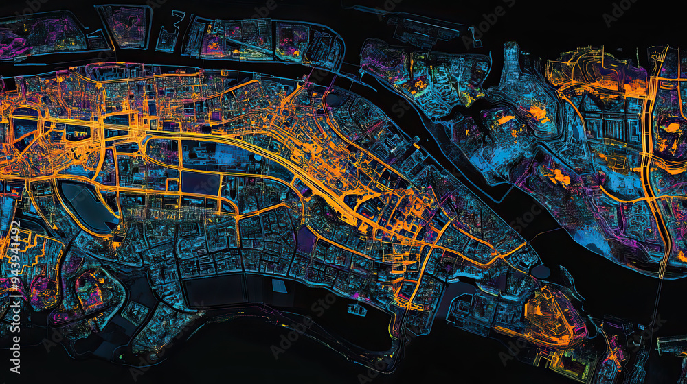 Technical aerial visual, 3D LiDAR GIS aerial map satellite scan model ...