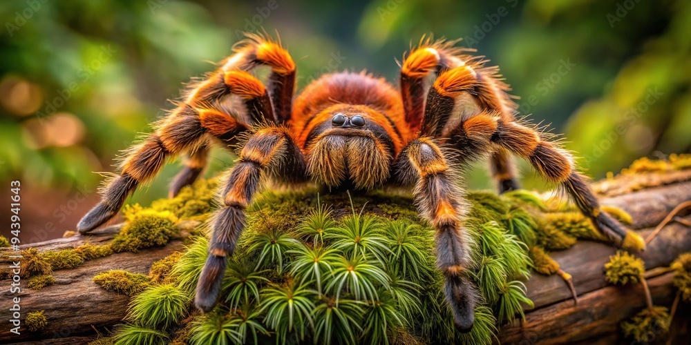 A large, hairy tarantula spider perches on a moss-covered branch, its ...