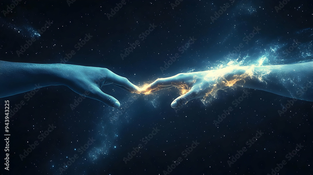 Two hands reach across a starry sky, fingers almost touching, with a ...