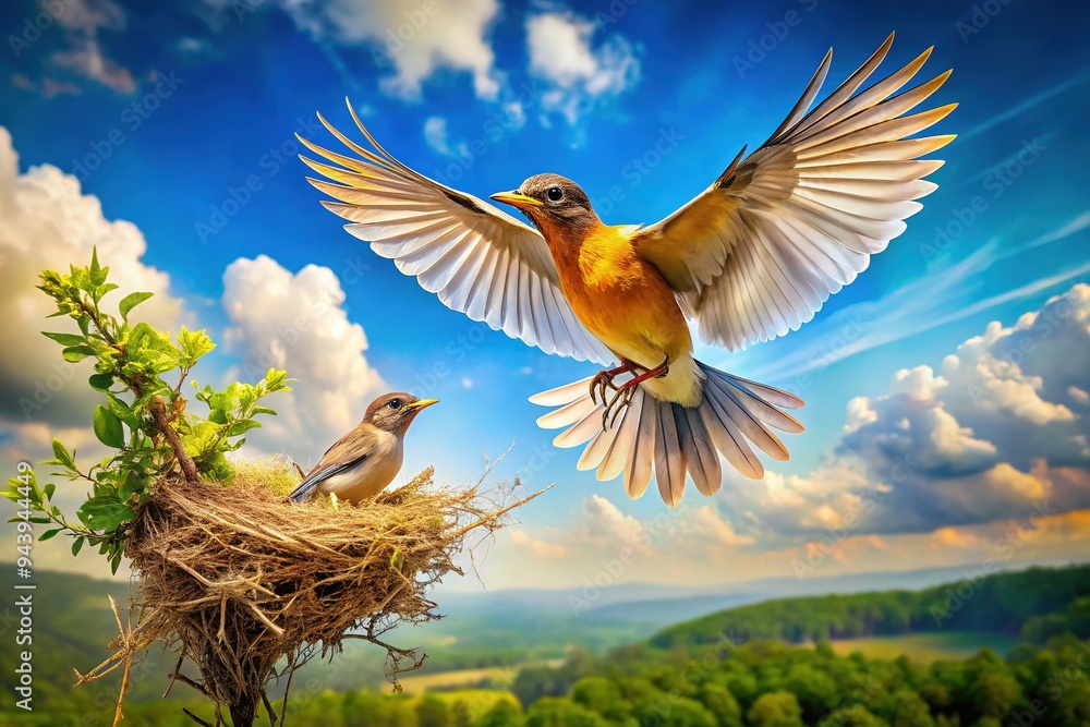 A majestic bird in flight, wings outstretched, releases a fledgling ...