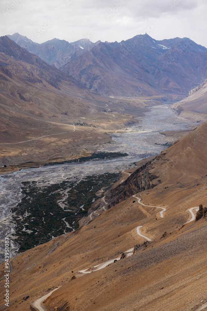 Roads along a steep mountainside at Dhar Lung Wooh mountain pass, with ...