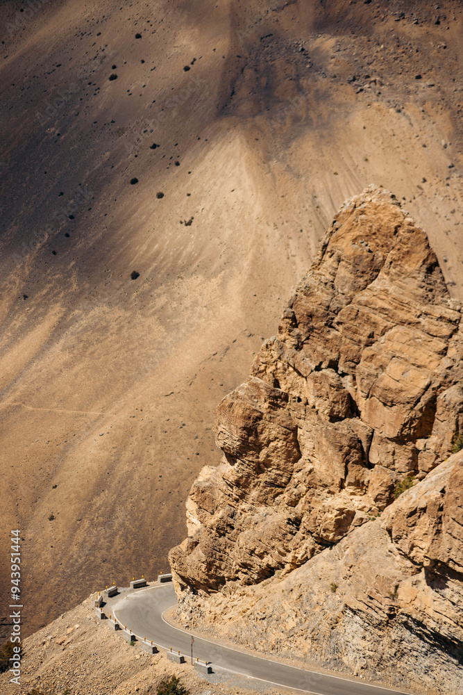 Extreme terrain along a paved road in the Western Himalayas, with steep ...