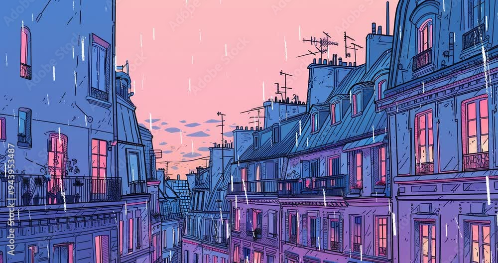 2d animated video of panorama view of cartoon buildings in old city ...