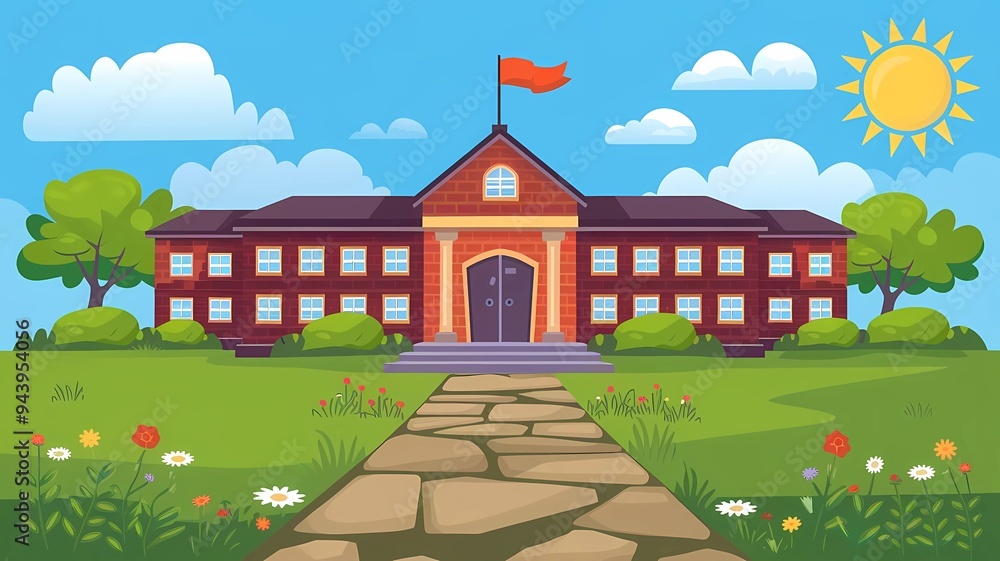 A cartoon illustration of a brick school building with a stone path ...