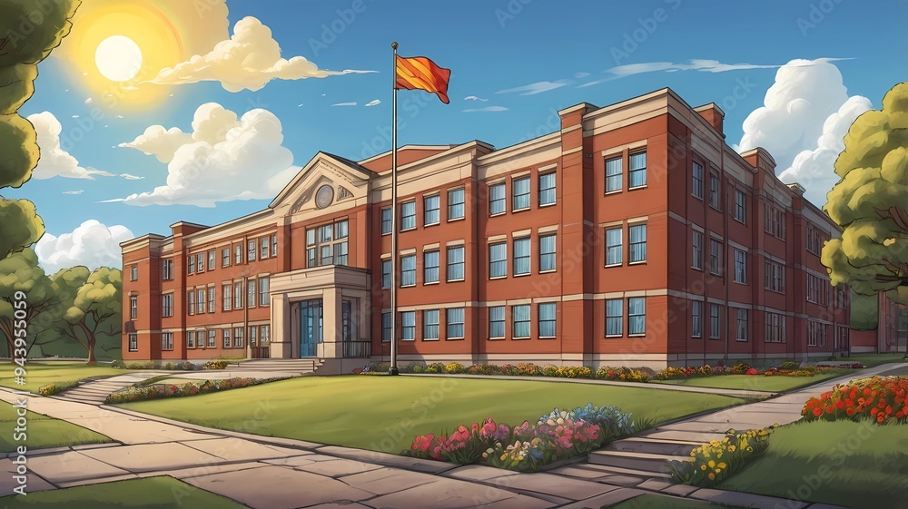 A cartoon illustration of a brick school building with a stone path ...