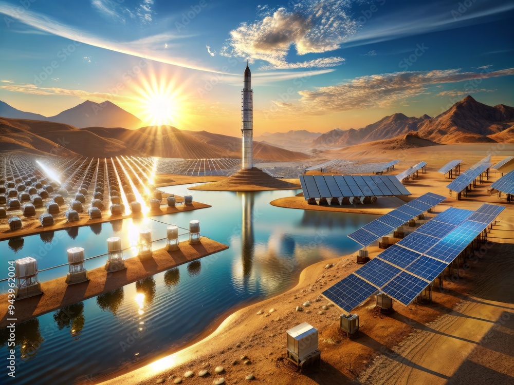 Technological Oasis in a Solar Desert: Arid landscape, towering solar ...