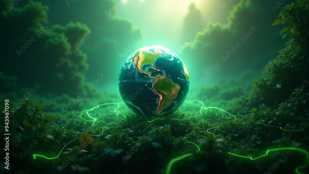 Sustainable Earth Harmony, 3D rendering of a vibrant Earth surrounded ...