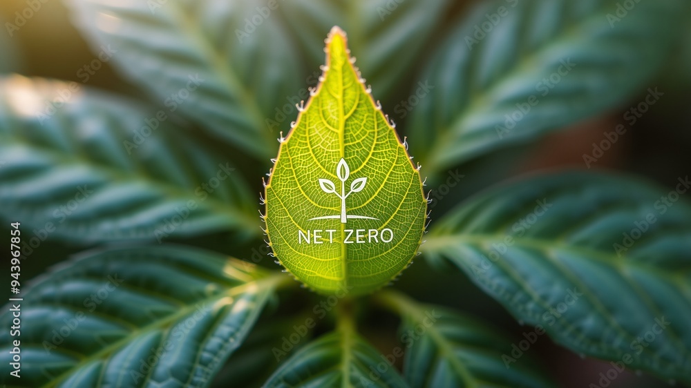 Net Zero - Green Leaf, A close-up image of a green leaf with "NET ZERO ...