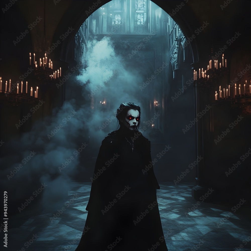 Regal vampire in a dark castle sharp fangs glinting in the candlelight ...