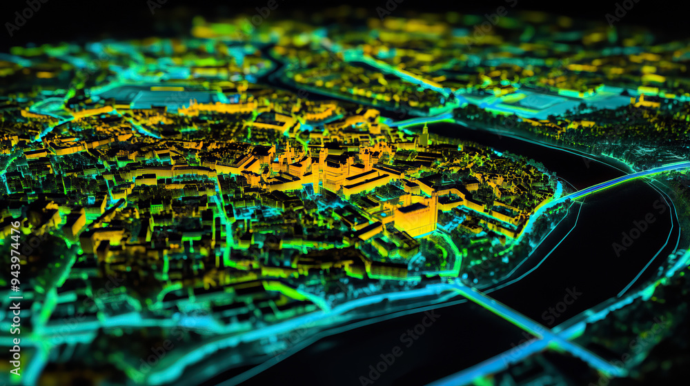 Technical aerial visual, 3D LiDAR GIS aerial map satellite scan model ...
