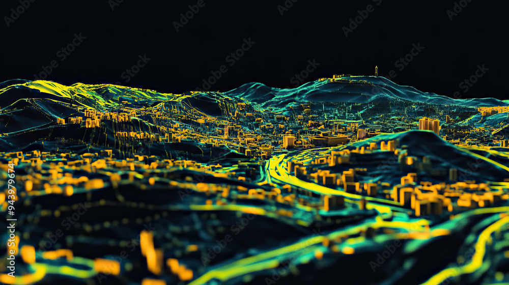 Technical aerial visual, 3D LiDAR GIS aerial map satellite scan model ...
