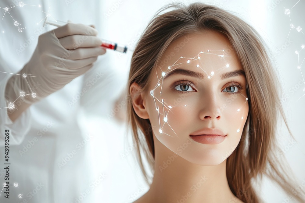 A girl is given beauty injections by a doctor wearing white gloves ...