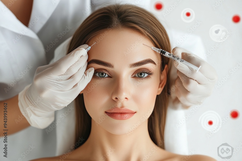 A girl is given beauty injections by a doctor wearing white gloves ...