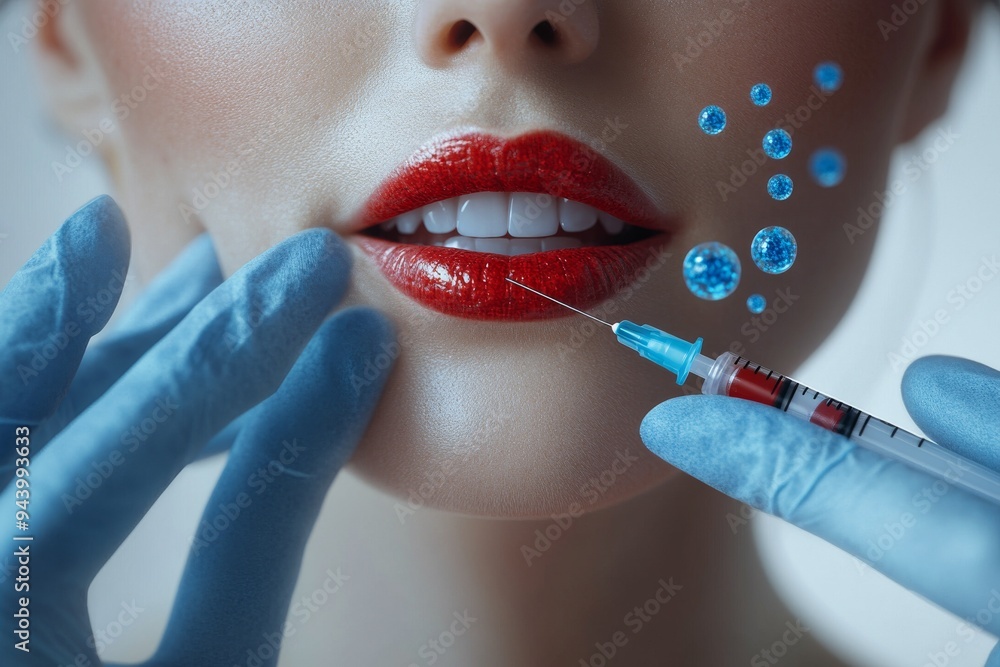 A girl is given beauty injections by a doctor wearing blue gloves ...