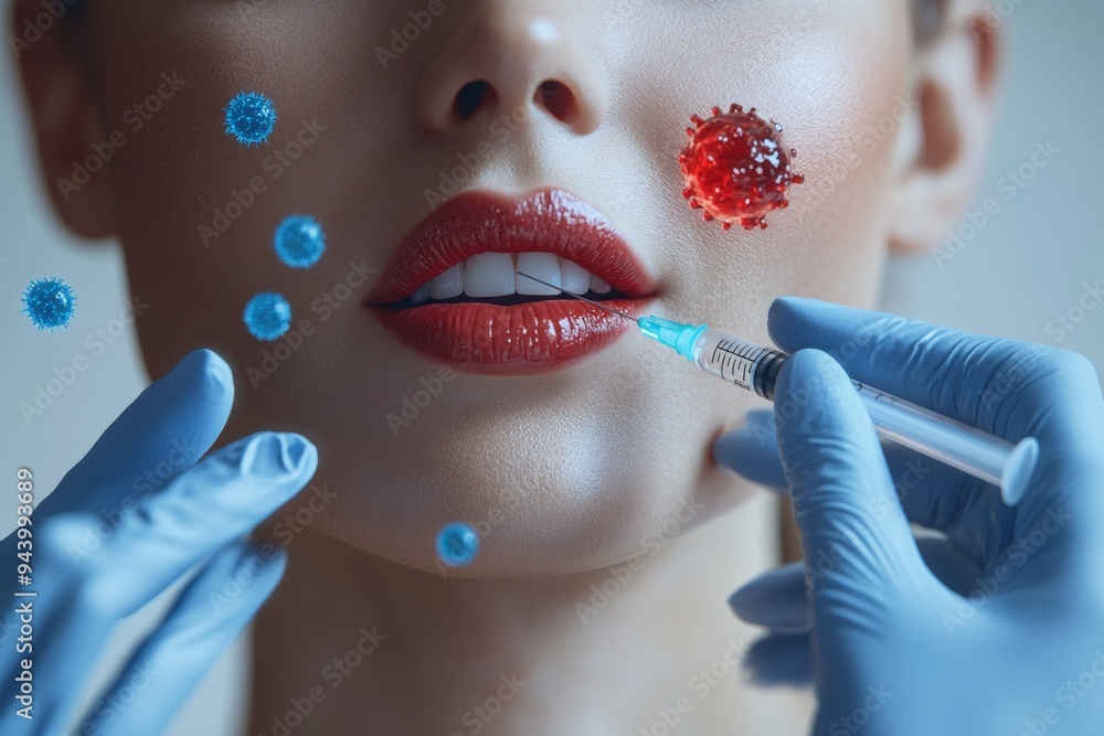 A girl is given beauty injections by a doctor wearing blue gloves ...