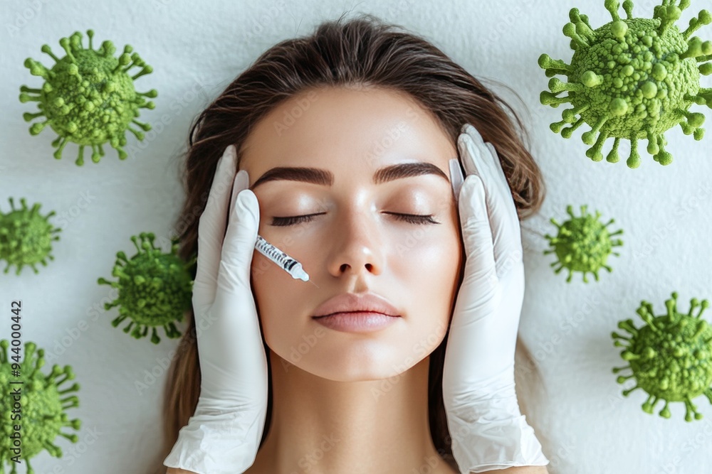 A girl is given beauty injections by a doctor wearing white gloves ...