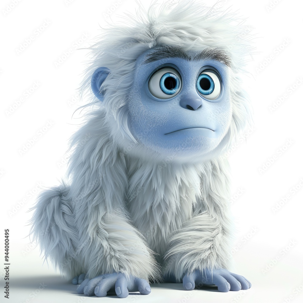 A young and cute baby yeti with blue and white fur, sitting on a white ...