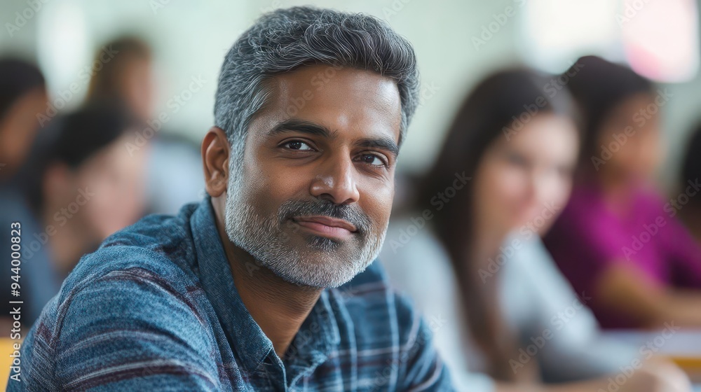 diverse classroom of adult learners focused indian man acquiring new ...