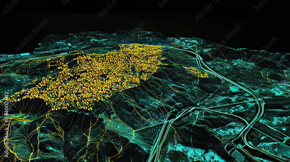 Technical aerial visual, 3D LiDAR GIS aerial map satellite scan model ...