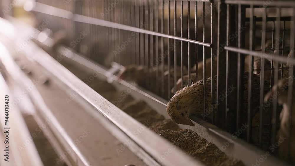 Feeding farm birds kept inside the metal fenced cages at the poultry ...