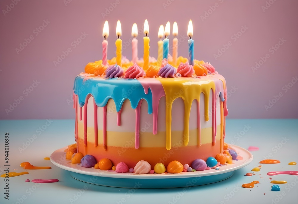 A colorful birthday cake with candle lits, dripping with vibrant icing ...