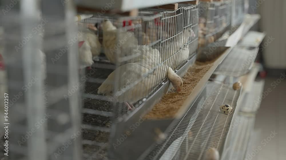 Feeding farm birds inside the poultry food production facility. Feeding ...