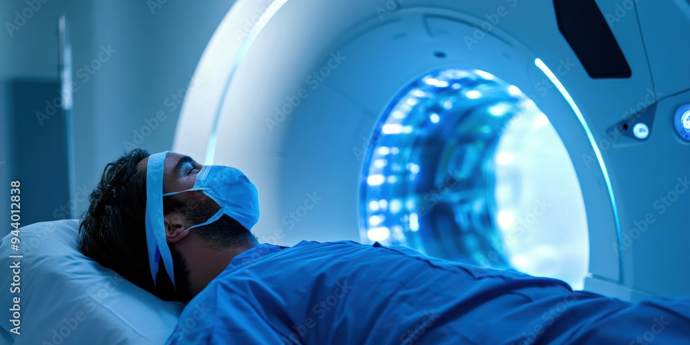 Foto de This image depicts a patient undergoing an MRI scan, wearing a ...