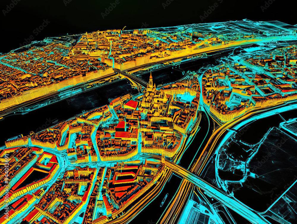 Technical aerial visual, 3D LiDAR GIS aerial map satellite scan model ...