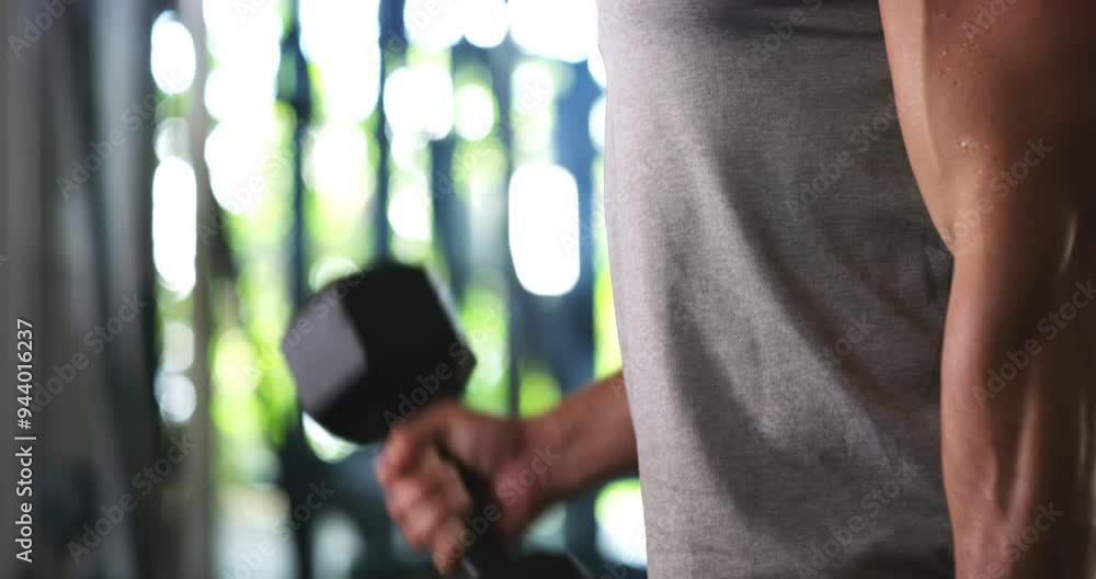 Dumbbell, sweaty strong man and exercise arm strength, muscle growth ...