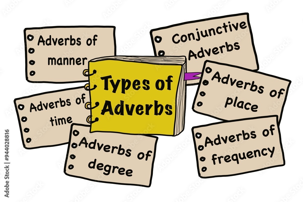 Hand drawn picture of book and paper pads about Types of Adverbs ...