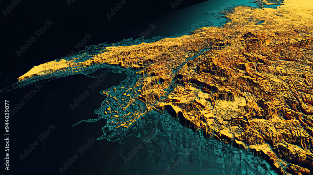 Technical aerial visual, 3D LiDAR GIS aerial map satellite scan model isolated, showing Trieste ...